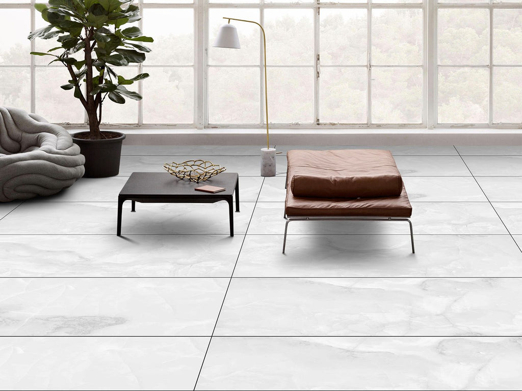 Triton Onyx White Glazed Shiny Polished Porcelain Floor Tile - 600 x 1