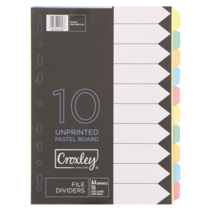 Croxley Unprinted Pastel Board A4 File Dividers 10 Pack