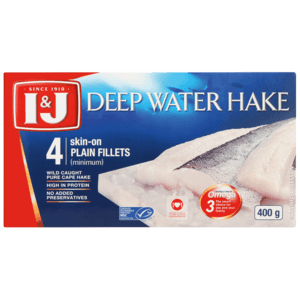 I&J Frozen Deep Water Hake Skin On Plain Fillets 400g